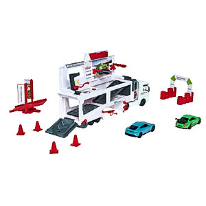 Majorette- Camión Porsche Experience 27cm, Incluye 2 Coches de Metal de 7,5cm, Partes Desplegables y Numerosos Accesorios, Adecuado A Partir de 3 Años, Color (212053304)