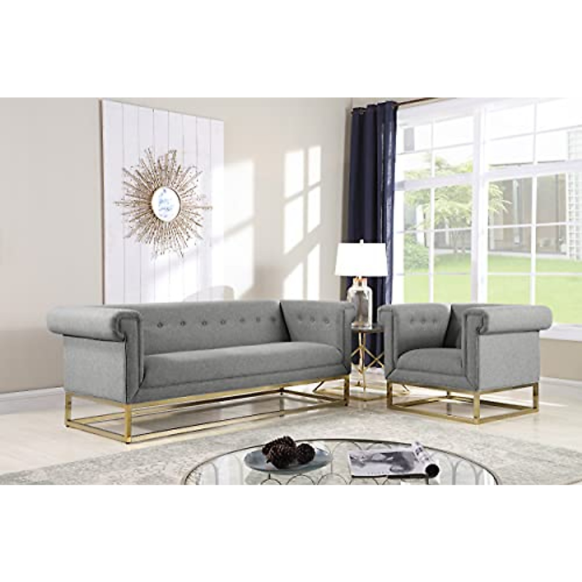 Iconic Home Palmira Sofa Button Tufted Linen-Textured Plush Cushion Brass Finished Brushed Metal Base Frame, Modern Transitional, Grey