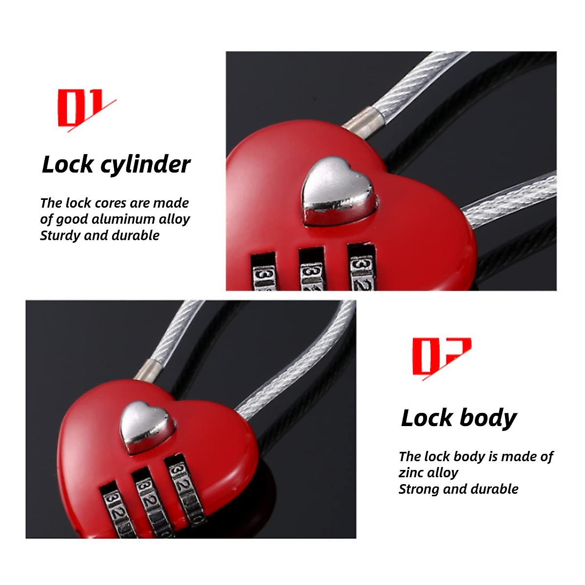 Heart Shaped Lock, 3 Digit Mini Lock, with Love Heart Wire Rope, Password Lock for Luggage, Backpack, Jewelry Box, Entrance Locker