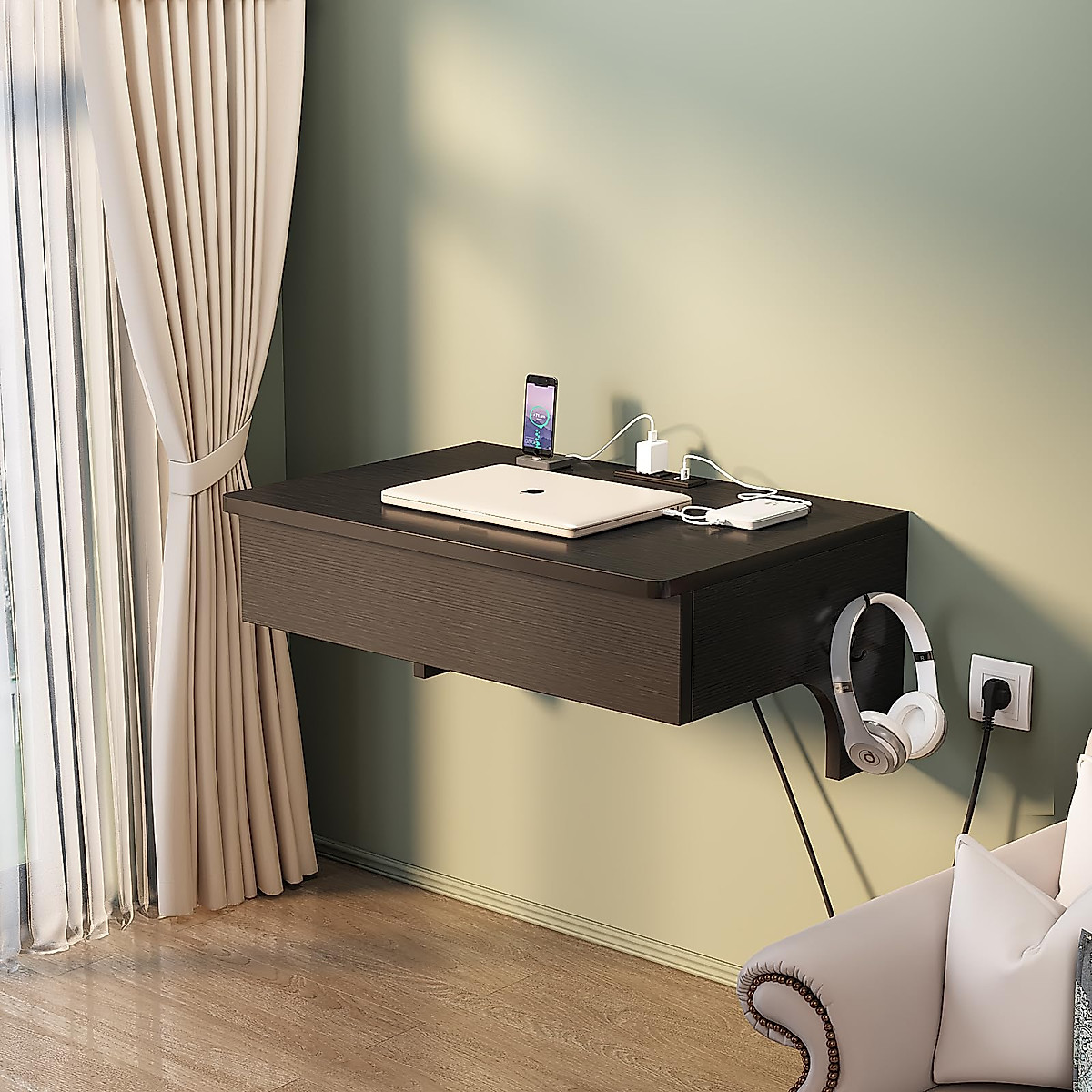 ALISENED Wall Mounted Desk,Floating Desk Wall Mount Laptop Desk, Space Saving Wall Mounted Table Wall Desk with Storage Drawer for Home, Office