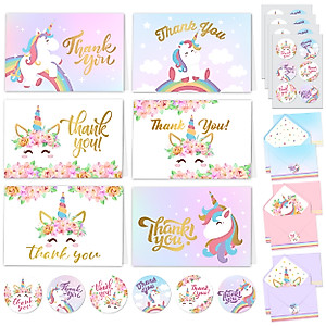 Decorably Thank You Cards with Envelopes & Stickers, Gold-Foiled Kid Cards, 24 Pack Unicorn Thank You Cards, Blank Inside Unicorn Thank You Cards Kids Birthday, 6x4in Kid Thank You Cards Kids