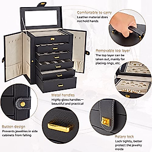 AKOZLIN Huge Jewelry Box Organizer Functional Lockable, Extra Large Leather Jewelry Storage Case for Women Girls Ring Necklace Earring Bracelet Holder Organizer with Mirror Black