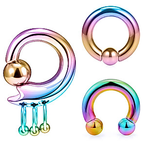 4G Earrings Internally Threaded Circular Barbells Horseshoe PA Rings Captive Bead Rings Dangle Spring Action CBR Surgical Steel Monster Screwball Rings Body Piercing Rings for Women Men Rainbow