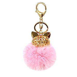 Honbay Faux Rabbit Fur Fluffy Keychain Fashion Fox Head Alloy Keychain Sparkly Rhinestone Handbag Backpack Car Keychain (Pink)