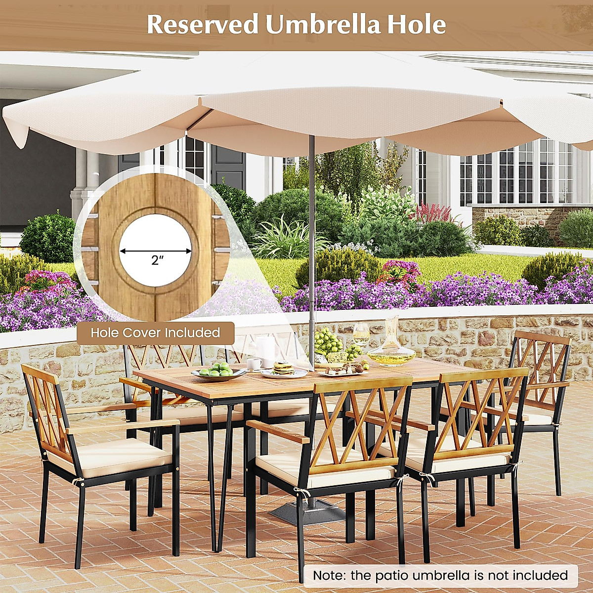 Tangkula 7-Piece Patio Dining Set, Acacia Wood Outdoor Furniture Set with 2” Umbrella Hole and Seat Cushions, Rectangular Dining Table and 6 Chairs Set for Patio Garden Poolside Backyard