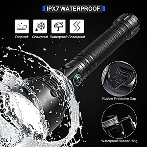 AMZGOGO Flashlights High Lumens Rechargeable, 250000 Lumens Super Bright LED Flashlight with USB Cable, Brightest Flash Light with 3 Modes Waterproof, Powerful Handheld Flashlight for Home, Camping