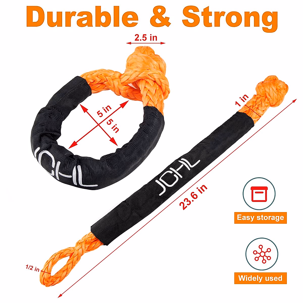JCHL Soft Shackle Synthetic Road Recovery Rope 1/2' X 23 Inch 56000LBS Breaking Strength Tow Shackles for Sailing SUV Off Road Towing ATV Recovery 2 Pack