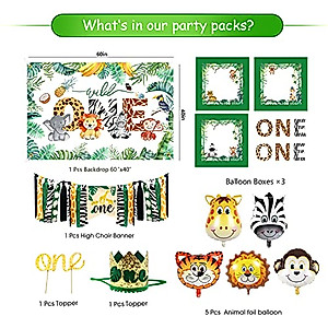 NAIWOXI Wild One Birthday Decorations, Jungle Theme Party Supplies Include High Chair Banner, Wild One Backdrop, Balloon Box, Crown, Garland, Balloons, Topper, Animal Safari First Birthday Decorations
