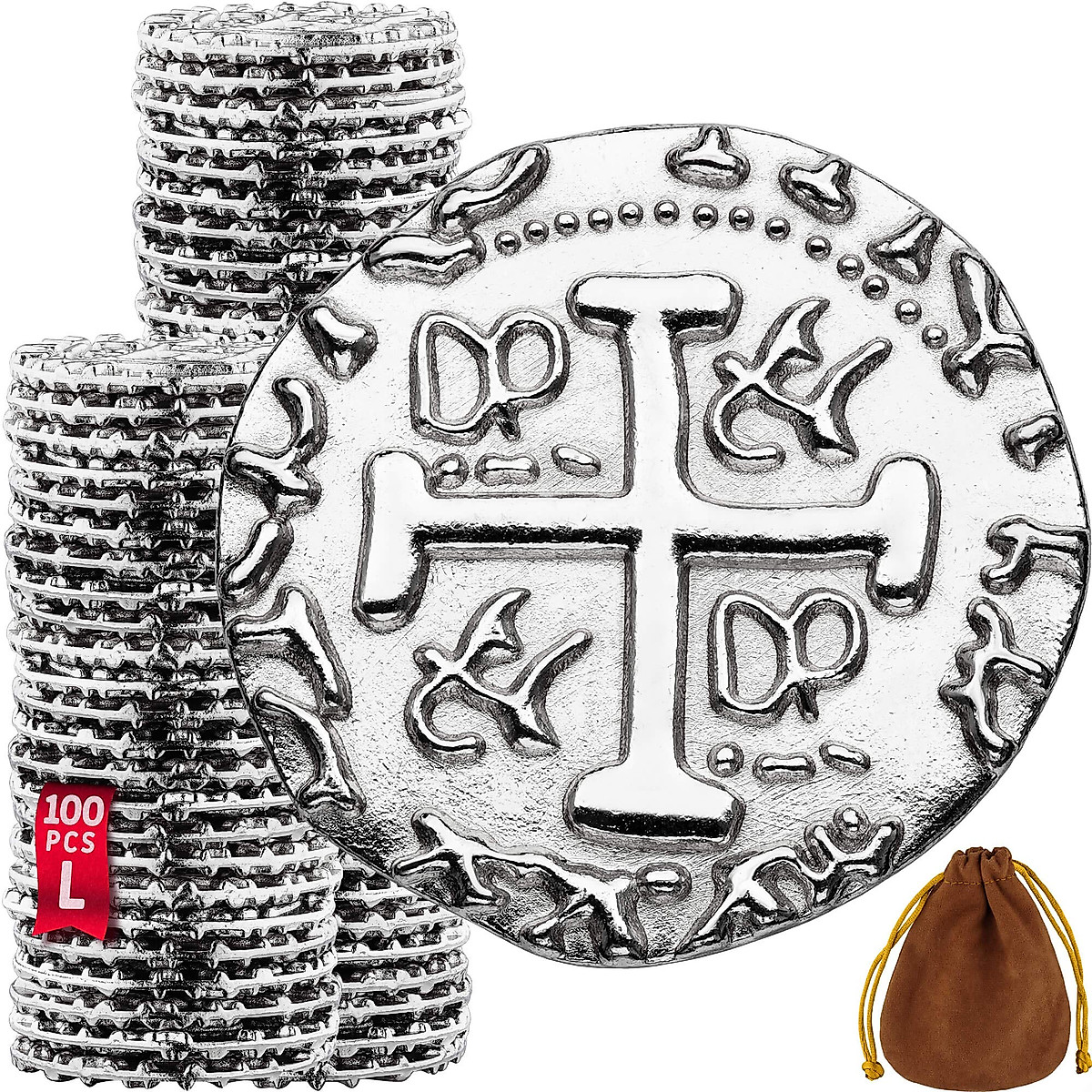 Metal Pirate Coins, 100 Large Silver Treasure Coin Set, Metal Replica Spanish Doubloons for Board Games, Tokens, Toys, Cosplay - Realistic Money Imitation, Pirate Treasure Chest, Diameter: 1.06"
