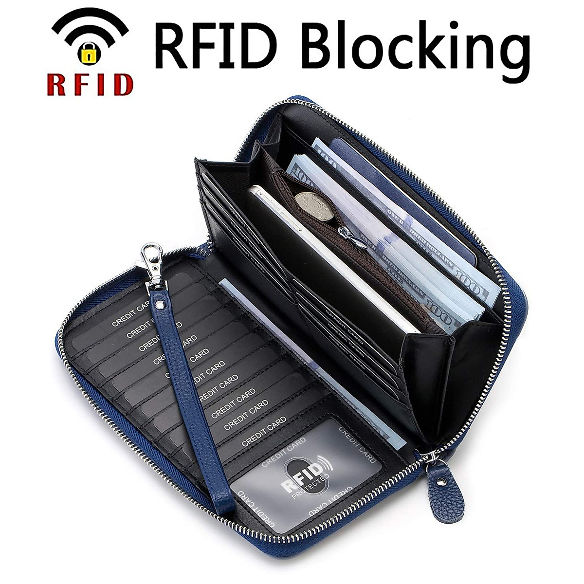 Moflycom Womens Wallet RFID Blocking Genuine Leather Multi Credit Card Large Capacity Zip Around Clutch Travel Purse Wristlet