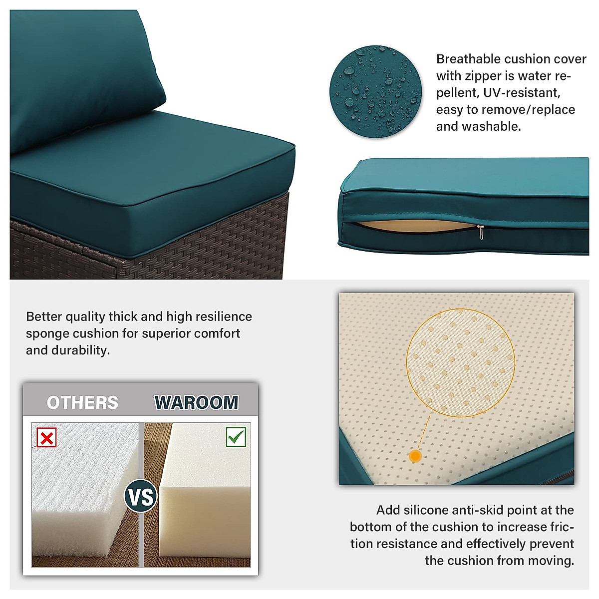 WAROOM Outdoor Patio Furniture Set Dark Brown Rattan 10 Piece Sectional Sofa PE Wicker Conversation Couch Sets with 45" Gas Fire Pit Table and Non-Slip 5" Thick Peacock Blue Cushion