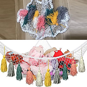 KOHUIJOO Stuffed Animal Hammock, Jumbo Stuffed Animal Net Corner Wall Hanging Toy Hammock with Tassels Kids Macrame Stuff Animals Organizer Storage Boho Mesh Toy Net Holder for Stuff Animals