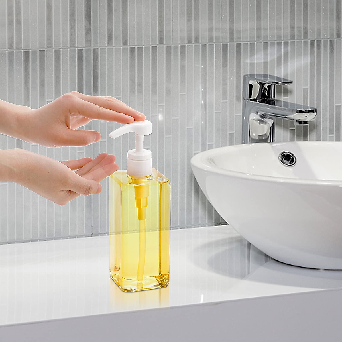 Okllen 12 Pack 16 Oz Plastic Pump Bottles, Empty Refillable Container Liquid Soap Dispenser for Shampoo, Lotion, Cleaning Products, Kitchen, Bathroom, Clear Square