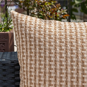 Kevin Textile Outdoor Waterproof Throw Pillow Covers Pack of 2 Weaving Texture Water Resistant Outside Decorative Cushion Covers for Garden Patio Tent Balcony Bench Couch Sofa 18x18 Inch, Light Brown