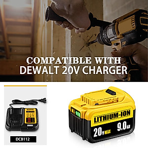 2Pack DCB200 9.0Ah Battery Replacement for Dewalt 20V Max Battery Lithium Ion Compatible with Dewalt Battery DCB204 DCB206 DCB201 DCB203 DCD DCF DCG Series Cordless Power Tools