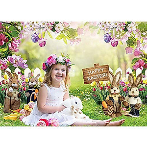 Spring Easter Photography Backdrop 7x5FT Easter Rabbit Garden Colorful Eggs Photo Backdrops Fence Green Grass Bunny Decoration Kids Newborn Baby Birthday Party Backgrounds