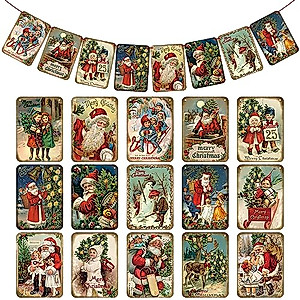 15 Pcs Christmas Vintage Style Hanging Banner with Red Ribbon Traditional Vintage Victorian Style Christmas Bunting Decor Santa Christmas Party Banner Hang Bunting Decoration for Party Fireplace