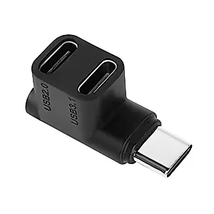 QIANRENON 1 to 2 USB C 3.1 90 ° Angle Adapter 10Gbps USB 3.1 Type C Male to USB C3.1 and USB C2.0 Dual Female Right Angle Connector, Support 4k@60HZ HD 100W, for Smartphone Laptop Tablet Steam Deck