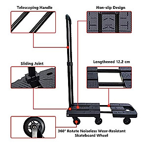 Folding Hand Truck Portable Trolley Compact Utility Luggage Platform Cart with 245Kg/540Lbs Heavy Duty 7 Removable Swivel Wheels Telescoping Handle for Moving Travel Shopping Office Outdoor Use (BY03)