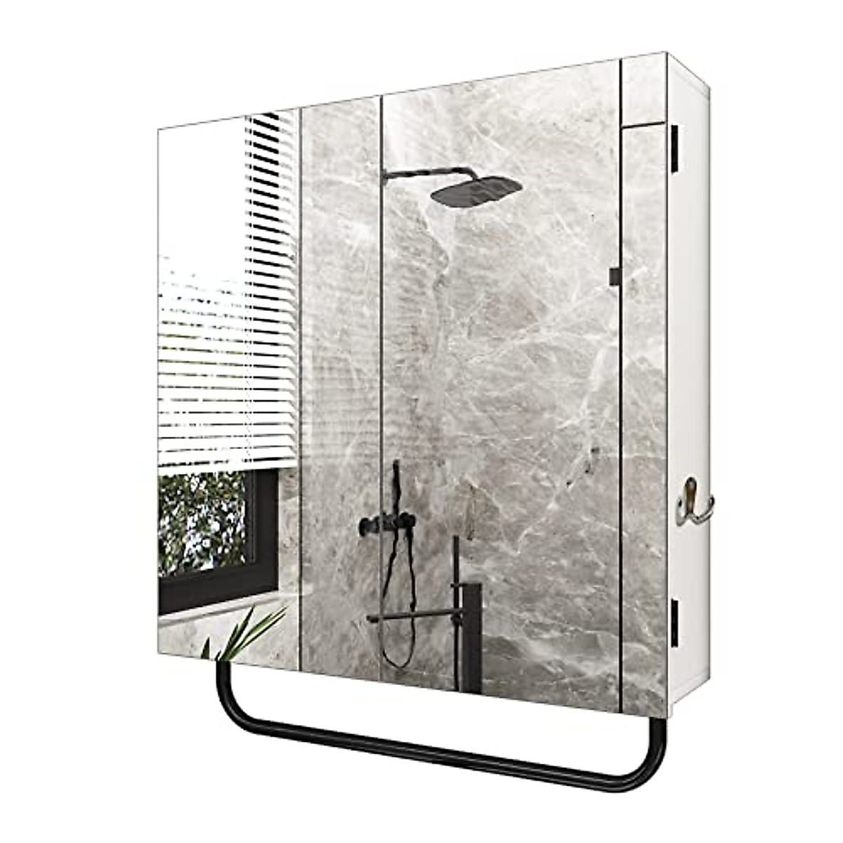 HLR Medicine Cabinet with Mirror, Wall Mounted with Removable Towels Bar and Side Hook, Mirror Cabinet for Bathroom, Living Room, Bedroom