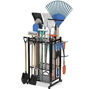 Sttoraboks Garden Tool Organizer with Storage Hooks, Yard Tool Tower Rack for Garage Organization and Storage, Up to 50 Tools, Heavy Duty Steel Garden Tool Stand for Garage, Outdoor, Home, Black