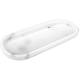 Emibele Bathroom Vanity Tray, 10" Oval Storage Tray for Dresser Toilet Tank Kitchen Sink Countertop Organizer, Resin Jewelry Ring Dish Cosmetic Decor Tray for Perfume Candle Soap Shampoo, Marble White
