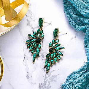 BriLove Women's Wedding Bridal Crystal Teardrop Multi Marquise Cluster Bling Dangle Earrings Emerald Color Gold-Toned