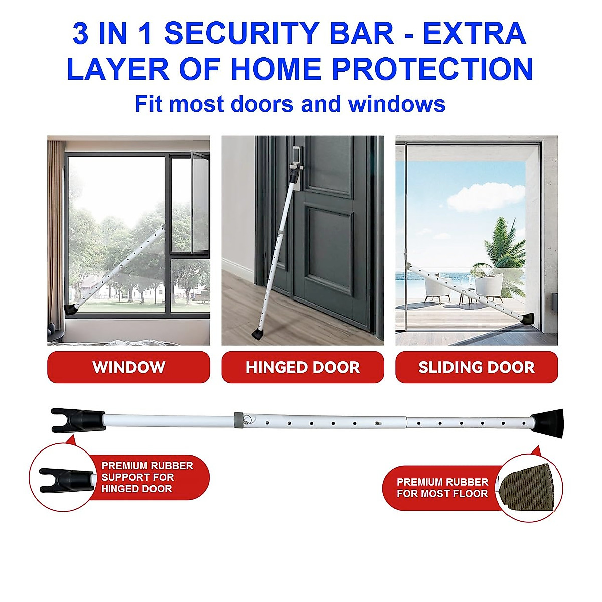 Door Security Bar Door Jammer Security Bar & Adjustable Sliding Door Glass Patio Door Stoppers Barricade Inside Stick Blocker Lock Burglar Bars For Home Apartment Travel 2 PCS Heavy Duty Secure Safety