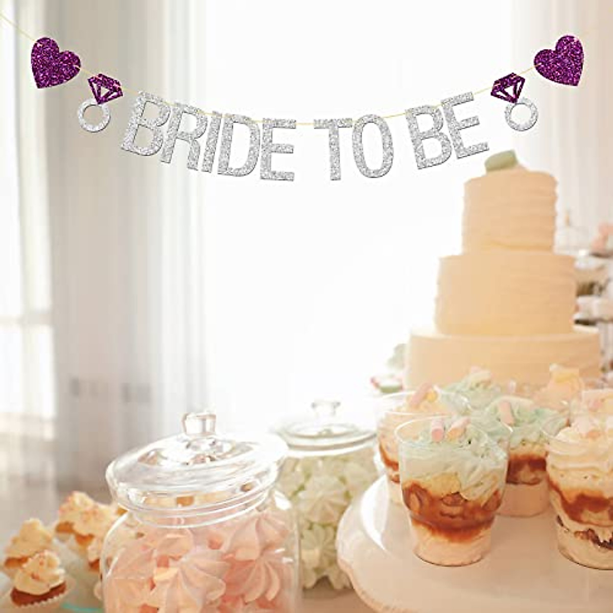 Bride to Be Banner with Diamond Ring, Silver Glitter Engagement Party, Wedding Party Supplies Decoration Silver