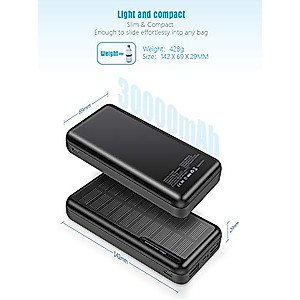 MINRISE Portable Charger 30000mAh, Power Bank Solar Charger with 2 USB Outputs and USB-C (Input Only), External Battery Pack for Outdoor Activities Compatible with Cellphones etc