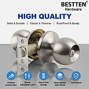 BESTTEN [2 Pack] Entry Door Knob with Lock, Keyed Different Door Lock for Exterior Door and Front Door, Standard Ball, Satin Nickel, Adjustable Latch