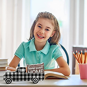 Jetec Wooden Pickup Truck, Black and White Plaid Wooden Ornament, Home Sweet Home Wooden Decor for Window Shelf Desk and Home Decor