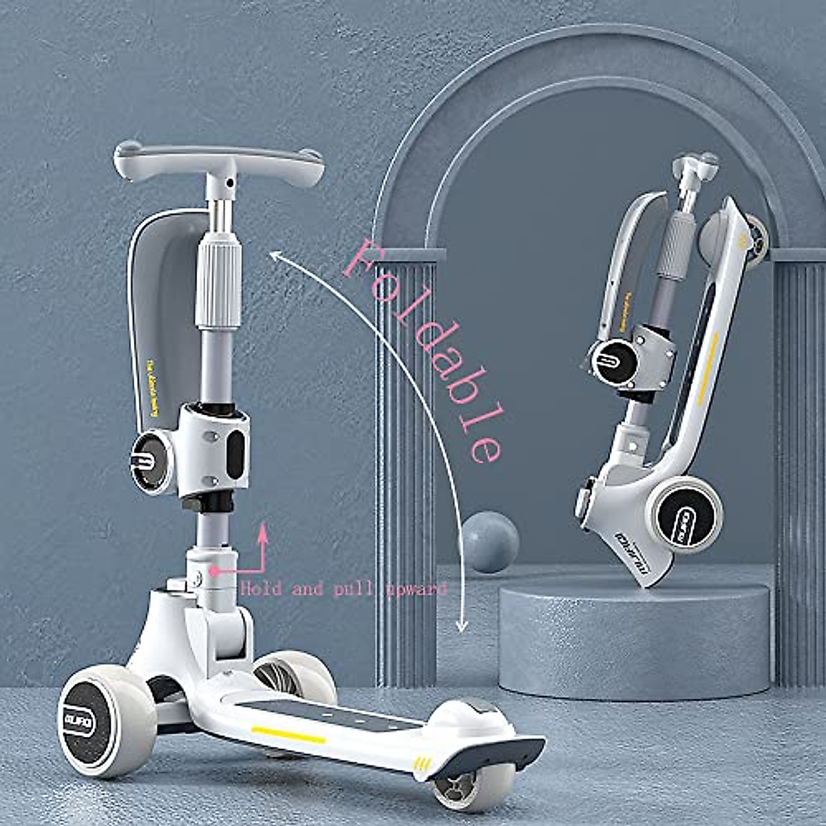 Scooter for Kids, Child Toddlers Toy, 3 Wheel Foldable Kick Scooters with Adjustable Height, Anti-Slip Deck, Flashing Wheel Lights, for Boys Girls Ages 2-12 Years Old (Blue (with seat))