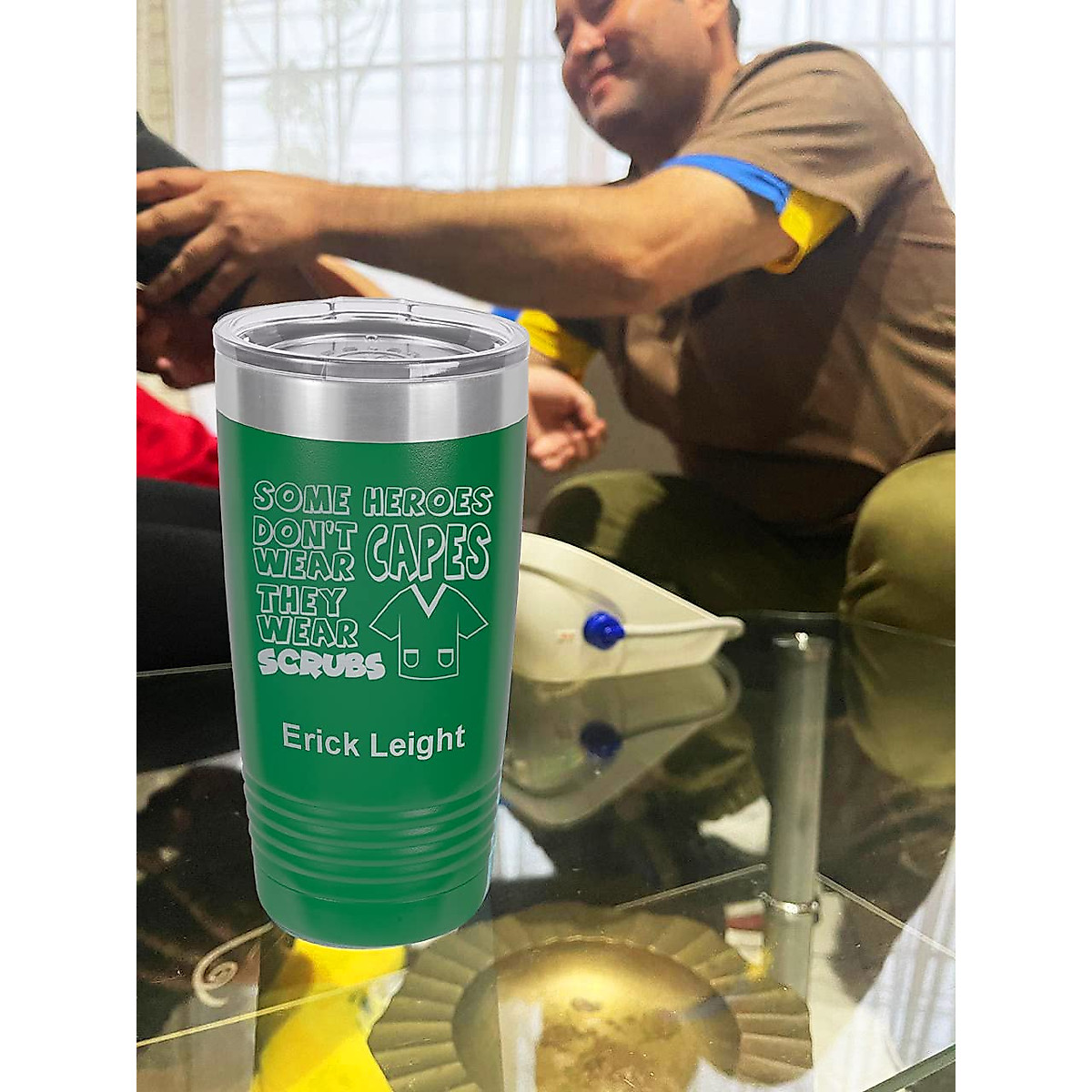 LaserGram 20oz Tumbler Mug | Some Heroes don't Wear Capes, They Wear Scrubs | Personalized Engraving Included (Green)
