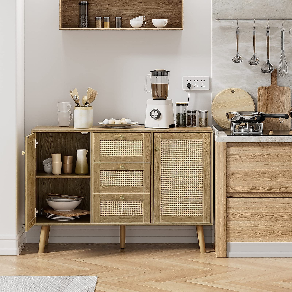 Giluta Sideboard Buffet Cabinet, 3 Drawers Cabinet with 2 Doors Boho Accent Storage Cabinet, Living Room Cupboard Console Table with Adjustable Shelves for Kitchen