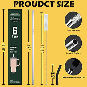 Sztumbo 6 Pack 12 Inch Reusable Metal Stainless Steel Straight Straw,with 6Silicone Tips and 2Cleaning Brush for Simple Modern 32,40oz Tumbler,40oz Stanley, 24 oz Starbucks Cup(8mm Silver)