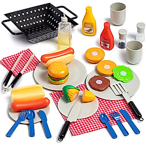 Play-Act 27 PCS Kids BBQ Grill Playset Backyard Barbecue Play Grill Toy Set for Toddlers，Play Food Sets for Kids Kitchen