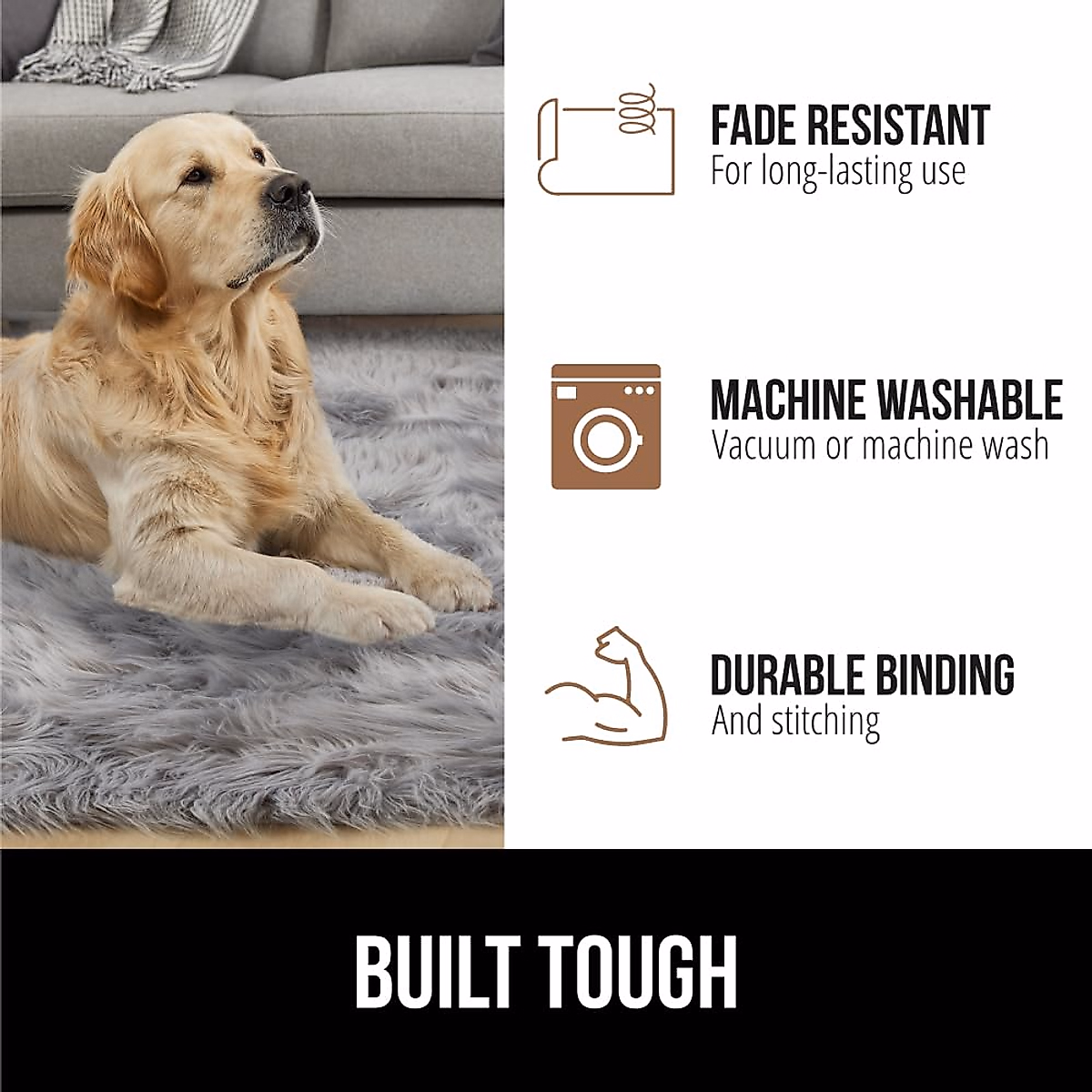 Gorilla Grip Fluffy Faux Fur Sheep Rug, Machine Washable Soft Furry Area Rugs, Rubber Backing, Plush Floor Carpets for Baby Nursery, Bedroom, Living Room Shag Carpet, Luxury Home Decor, 3x5, Gray