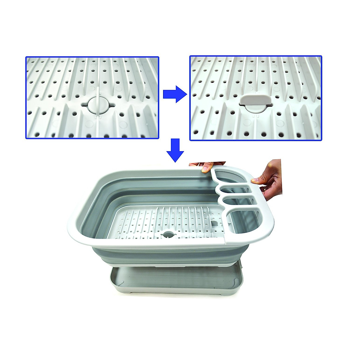 SAMMART Collapsible Dish Drainer with Drainer Board - Foldable Drying Rack Set - Portable Dinnerware Organizer - Space Saving Kitchen Storage Tray (1, Grey)