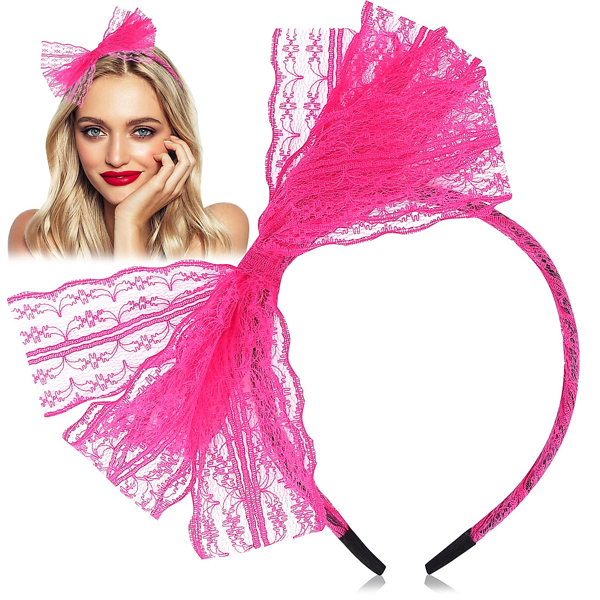 PAFUWEI Neon Rose Headband, Elastic Nylon 1980s Costume Headwear, Large Lace Bow Hair Accessory for Women and Girls, Good for Carnival, Christmas Party, Daily Decoration, Halloween