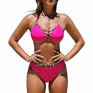 popvil Bikini Sets for Women Patchwork Bathing Suits Front Strappy Two Piece Swimsuit Rose Red