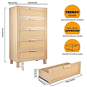 Graficial 5 Drawer Dresser, Chest of Drawers, Hamilton Rattan Tall Bedside Storage Table, Oak Dresser for Bedroom,Living Room