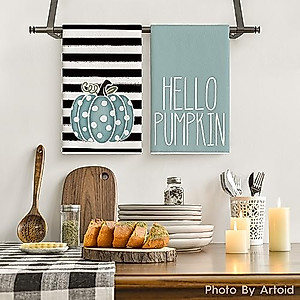 Artoid Mode Blue Polka Dot Stripes Maple Leaves Fall Kitchen Towels Dish Towels, 18x26 Inch Seasonal Hello Pumpkin Decoration Hand Towels Set of 3