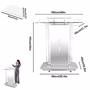 Church Pulpit with Hollow Cross Design,Led Acrylic Church Podium with Wheels& Vertical Reading Platform, 46”Transparent Lecterns for Churches,Classroom and Weeding