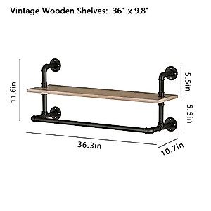 MAIKAILUN Wall Mounted Clothes Rack with Wood Shelf,36" Long Industrial Pipe Clothing Rack with Shelf Heavy Duty Iron Garment Rack Bar,Retail Display Clothes Rod for Clothes,Laundry Room,Black