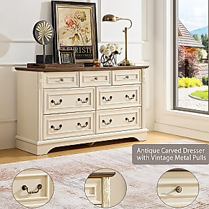 BLANKSPACE Rustic White Dresser for Bedroom,7 Drawers Dresser, Farmhouse Dresser for Living Room,7 Chest of Drawers with Thickened Wood Carving for Closet,Hallway