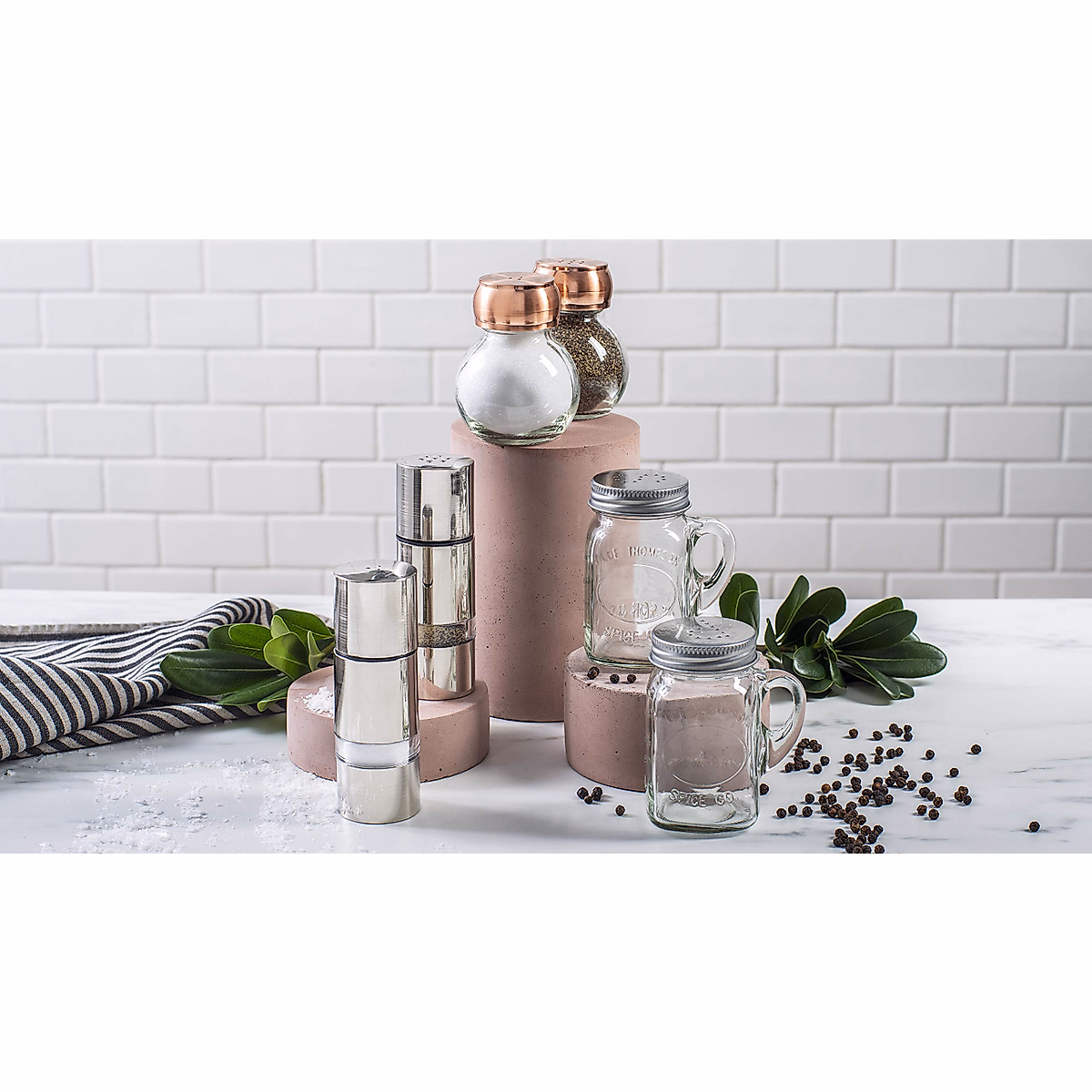 Olde Thompson 3" Orbit Salt & Pepper Shaker Set, Copper Top & Glass Globe Base