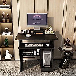 YQ JENMW 29in Computer Desk with Monitor Stand and Keyboard Tray for Small Space, Wood PC Laptop for Bedroom, Writing Table with Shelves for Kids, Black