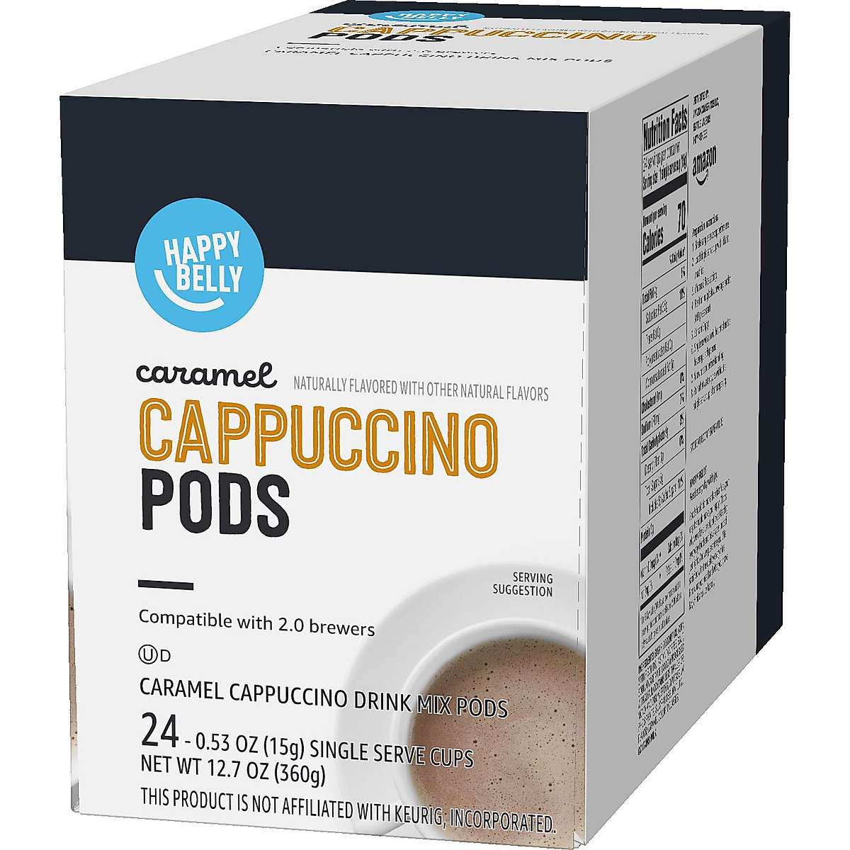 Amazon Brand - Happy Belly Cappuccino Coffee Pods Compatible with 2.0 K-Cup Brewers, Caramel Flavored, 24 Count