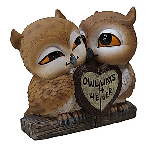 Ebros Romantic Kissing Love Owl Couple Decor Statue 2 Piece Set Decorative Figurine Valentines Birds Pair of Owls Holding Heart Shaped Sign Saying Owlways 4Ever